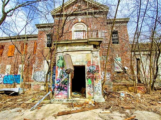 Graffiti-covered grandeur meets nature's reclamation project&mdash;urban art gallery or haunted house? Why not both, really.