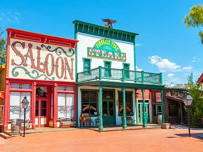These colorful Old West storefronts look like a movie set, but the steaks inside are authentically delicious and real.