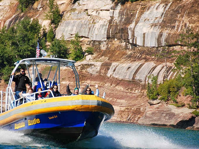 Hold on tight as this jet boat carves through turquoise waters past ancient striped cliffs that look painted by hand.