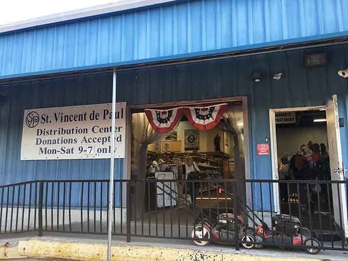 The patriotic bunting and blue metal siding give this donation center a welcoming, all-American charm that draws you right in.