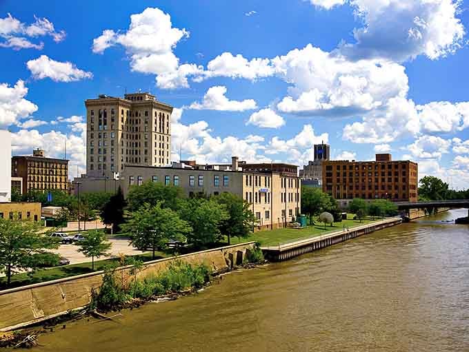 The river winds past vintage buildings like a postcard from when quality construction didn't cost a fortune.