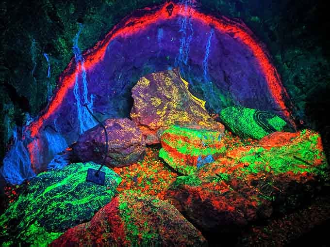 Mother Nature's psychedelic light show underground – these fluorescent minerals glow brighter than your grandson's video game screen.