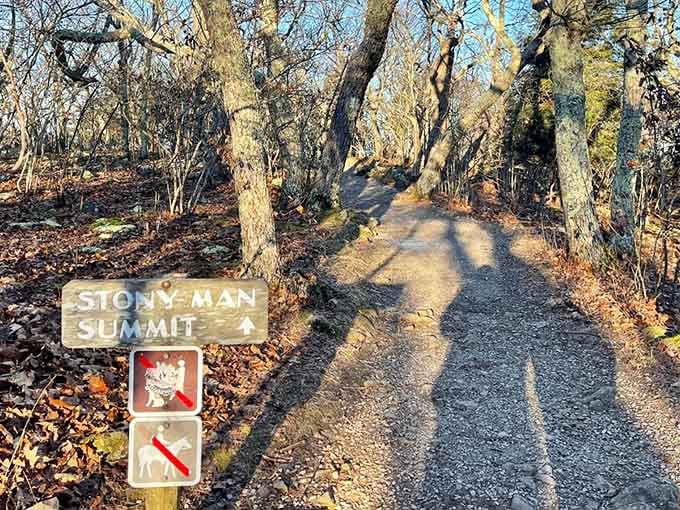 That helpful sign points the way to Stony Man Summit, proving even mountains appreciate good directions and manners.