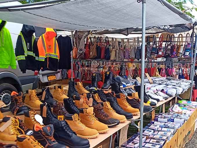 Work boots lined up like soldiers ready for duty, plus enough handbags to outfit an entire neighborhood.
