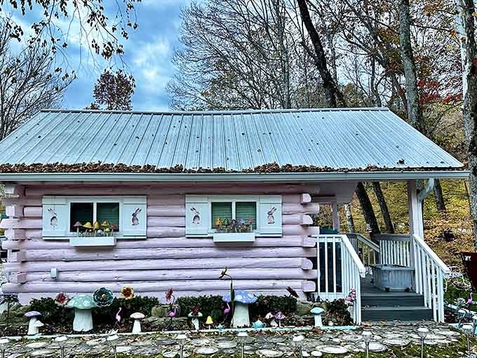 A lavender log cabin with flower boxes straight from a children's book where woodland creatures probably pay rent.