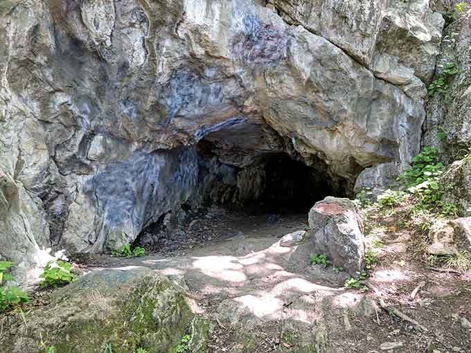 Sunlight filters through the cave entrance, illuminating mineral streaks that paint the rock in otherworldly purples and blues.