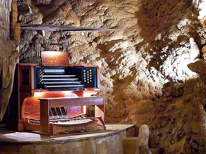 An organ nestled in a cave, surrounded by ancient stalactites&mdash;because why wouldn't you make music underground?