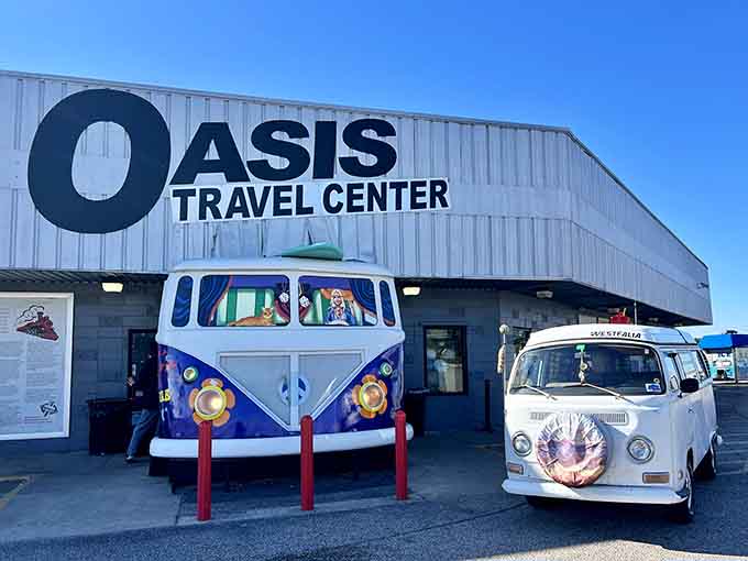 Those vintage VW buses parked outside promise quirky fun, like stumbling onto a time machine at a truck stop.