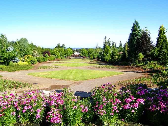 Vibrant blooms frame manicured lawns in this sprawling garden where every pathway leads to another delightful discovery.
