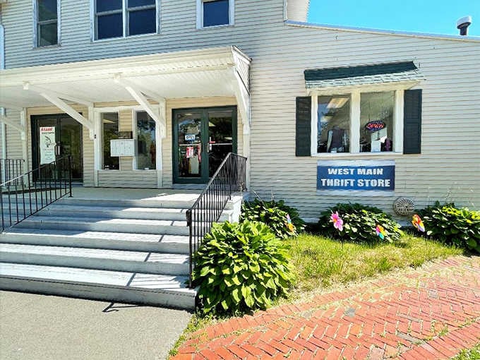 This charming white building with its welcoming steps looks like it belongs in a Norman Rockwell painting.