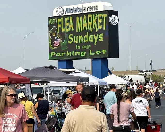 That cheerful sign promises Sunday bargain hunting adventures where the parking lot transforms into a treasure trove.