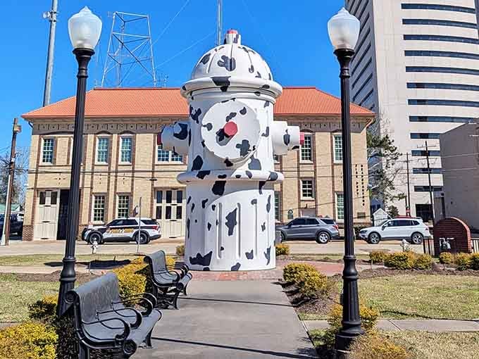 This Dalmatian-spotted hydrant stands 24 feet tall and actually works&mdash;talk about a fire safety statement piece!