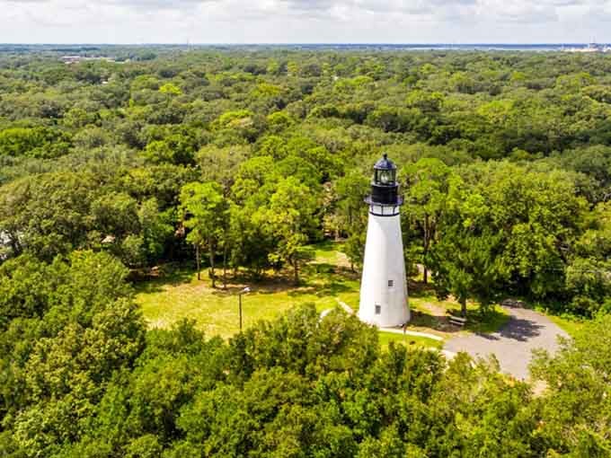 From above, the tower rises through a sea of green trees like a sentinel keeping watch over the forest.