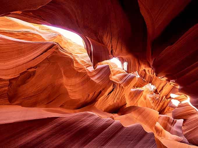 The canyon glows with otherworldly warmth, its sculpted curves creating shadows that dance like old Hollywood starlets.