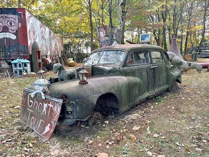 This rusty sedan's "Ghost Tours" sign suggests it's seen things&mdash;and honestly, we believe every haunted mile of it.