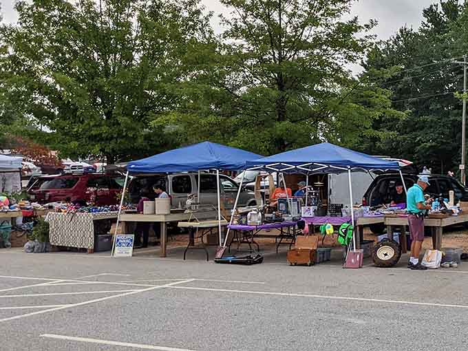 Blue canopies and colorful displays create an outdoor shopping paradise that beats any mall experience.