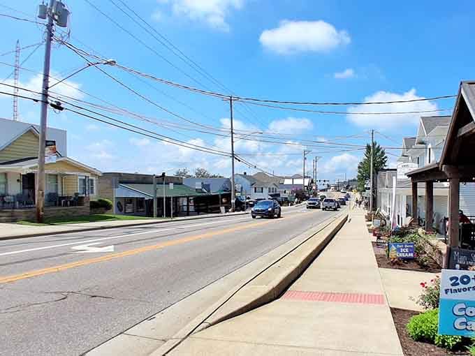 Wide sidewalks and blue skies make window shopping feel like a vacation you can actually afford.