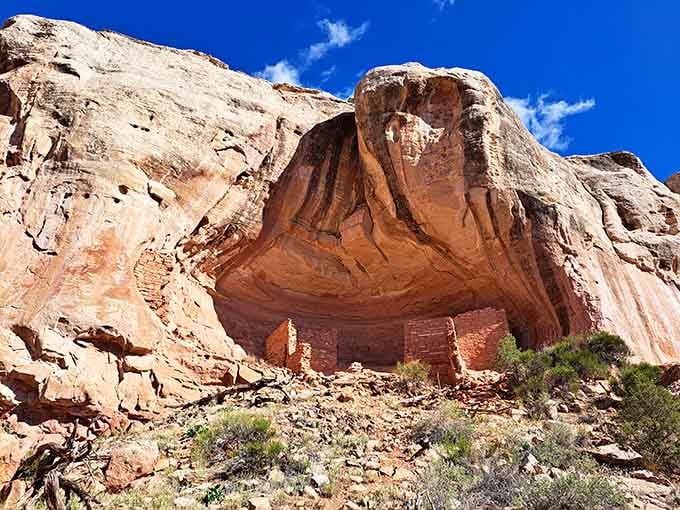 Nature's architecture frames these ancestral homes, carved into rock faces that glow in warm desert tones.