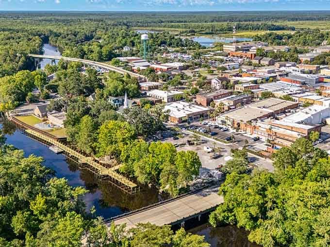 The river winding through downtown adds a peaceful soundtrack to this already picture-perfect scene.
