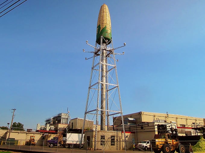The industrial framework supporting this giant ear of corn creates an unexpectedly artistic silhouette against blue skies.