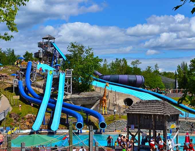 Multiple blue chutes snake down from towering heights, offering different speeds for different courage levels—choose your own adventure.