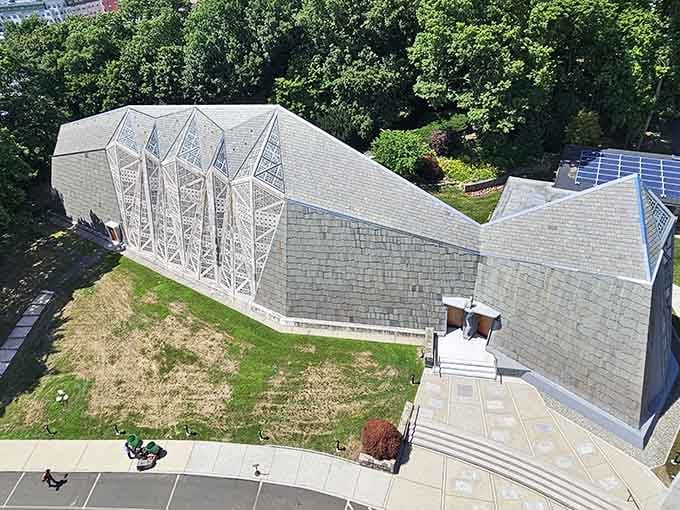From above, those dramatic angles and swooping rooflines create a silhouette that's unmistakably unique and bold.