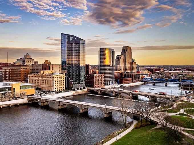 The Grand River winds through downtown like nature's own highway, connecting neighborhoods with bridges and beautiful waterfront paths.