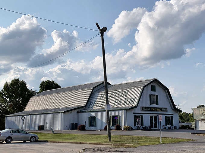 The sprawling farm building under dramatic clouds looks like something from a postcard about authentic Southern roadside treasures.