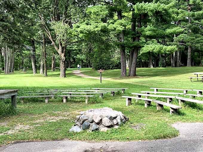 Simple campfire rings and weathered benches invite you to slow down and remember what peaceful really means.