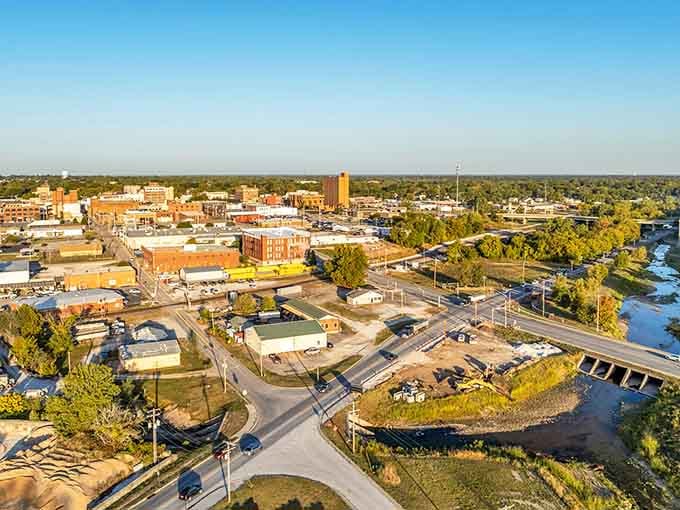 From above, the downtown grid spreads out like a warm quilt stitched together by tree-lined streets.