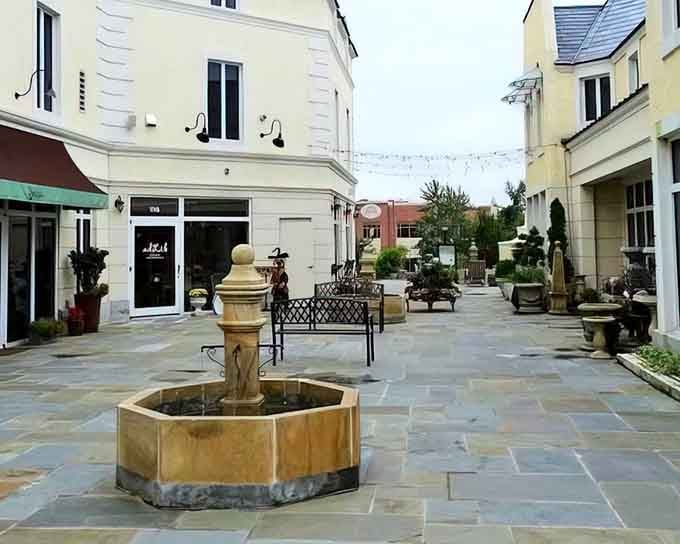 That fountain centerpiece and European-style courtyard make every shopping trip feel like a Parisian afternoon stroll.
