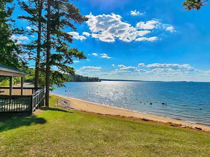 That perfect lakeside pavilion and sandy beach make you want to pack a picnic and stay all day.
