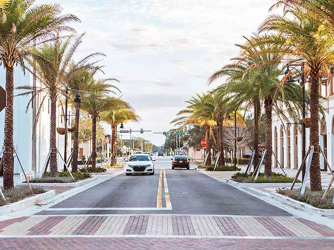 Palm trees frame the boulevard like nature's own welcome committee, swaying gently in the warm breeze.