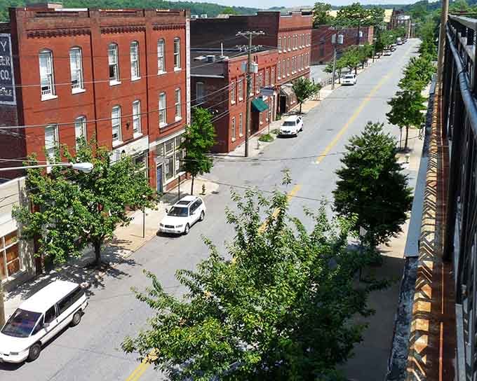 Tree-lined streets from above reveal a downtown that still believes in shade and slower living.