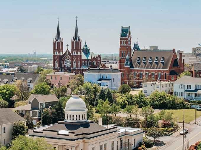 Gothic spires and Victorian architecture rise above the rooftops like a European postcard landed in Middle Georgia.