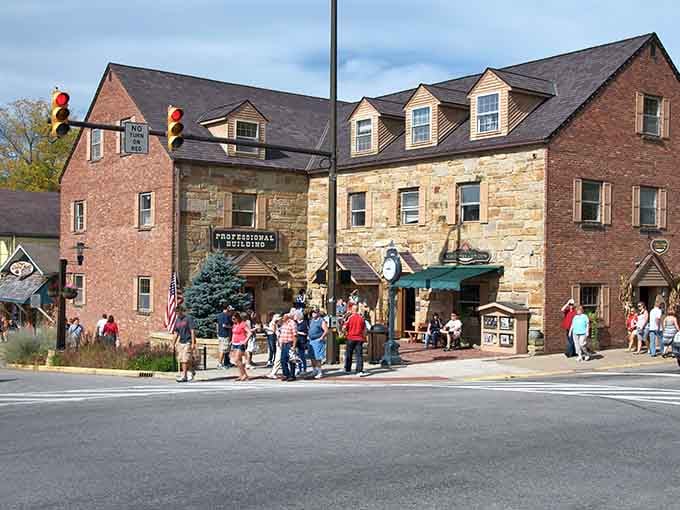 Stone and brick architecture creates a rustic streetscape where artists and visitors naturally gather together.
