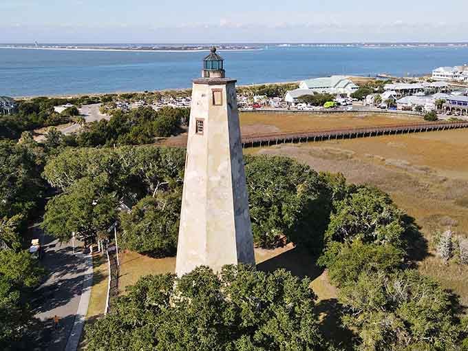 From this bird's-eye view, North Carolina's oldest lighthouse looks like a chess piece commanding the coastal board below.
