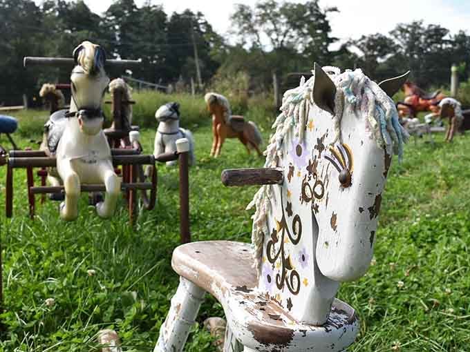 Each weathered pony tells its own story, standing sentinel in this wonderfully weird outdoor gallery of childhood memories.