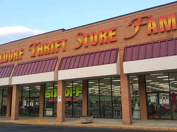 The spacious storefront beckons under a beautiful sky, ready to transform your afternoon into a treasure hunt.