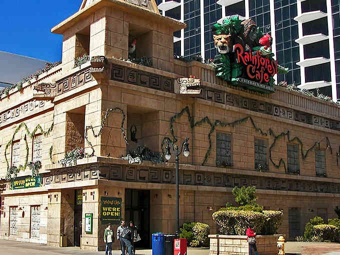 Ancient stone architecture towers over the boardwalk, promising jungle adventures between your appetizer and dessert course.