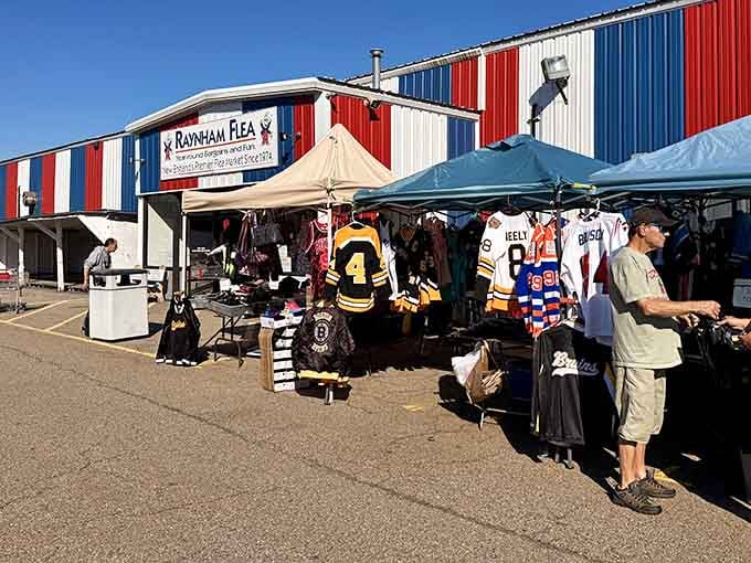 Outside vendors display vintage sports jerseys like a hall of fame, where Bobby Orr meets nostalgia at unbeatable prices.