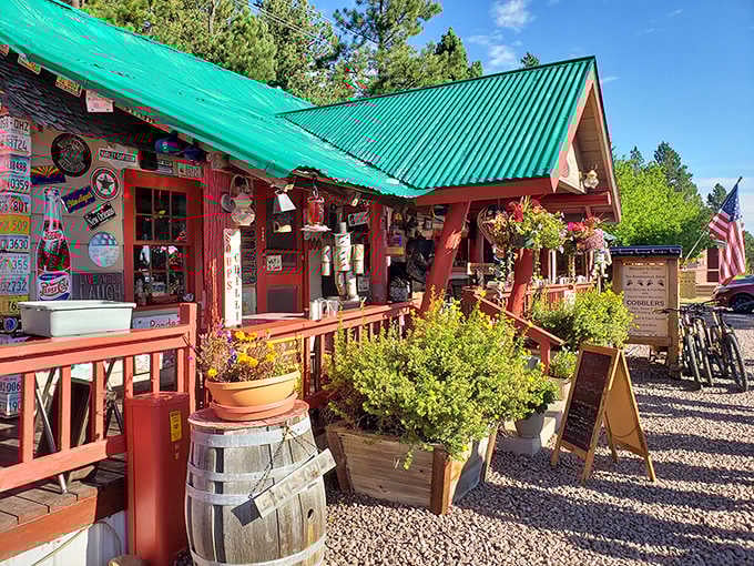 Every inch of wall space tells a story with license plates and vintage signs creating a visual feast.