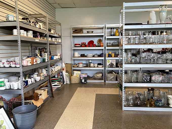 Floor-to-ceiling shelves packed with dishes and glassware&mdash;your grandmother's china pattern is probably hiding in here somewhere.