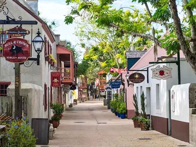 Potted plants and historic charm line this walkway where every corner reveals another reason to slow down completely.