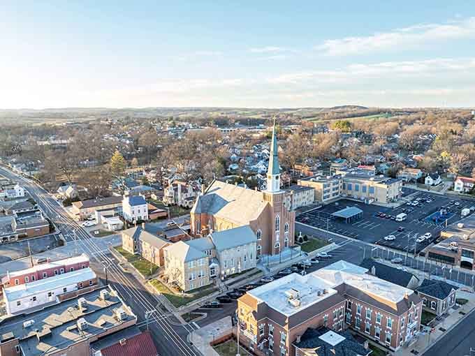 The church steeple punctuates this historic skyline like an exclamation point on centuries of French Colonial heritage and community.