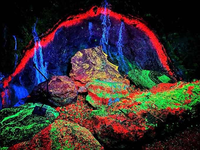 The fluorescent mineral display transforms ordinary mine walls into an electric rainbow that defies all expectations beautifully.
