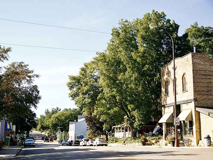 Tree-lined streets and historic architecture create a peaceful scene where time slows down and neighbors actually know each other.