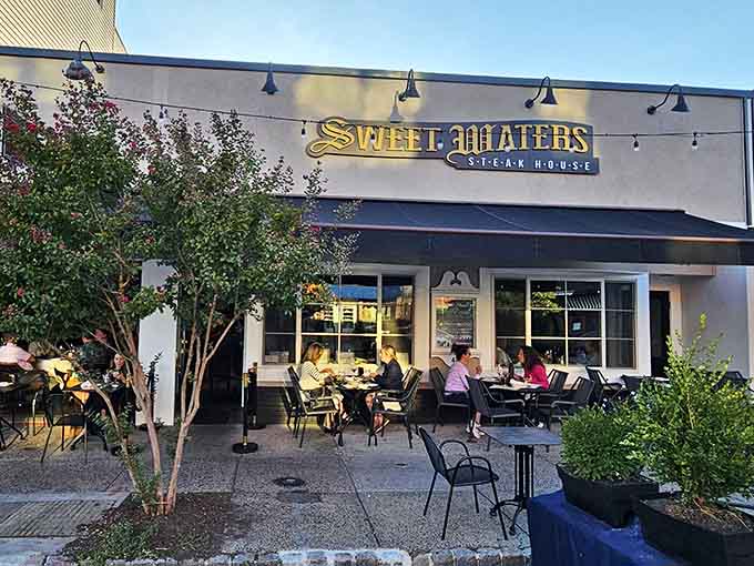 Evening light catches happy diners on the patio, savoring perfectly grilled beef under the summer sky.