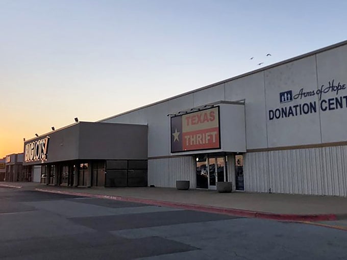Golden hour light bathes this thrifter's paradise, making even the parking lot look like treasure-hunting heaven.