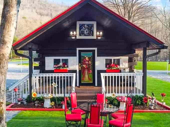 Red chairs on the porch invite you to sit and wait for Snow White to bring lemonade.